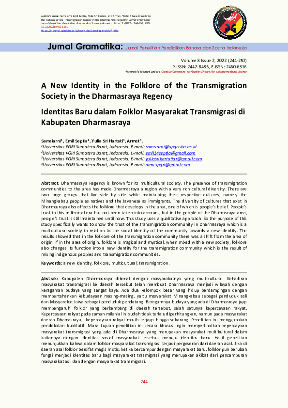 (PDF) A New Identity in the Folklore of the Transmigration Society in ...