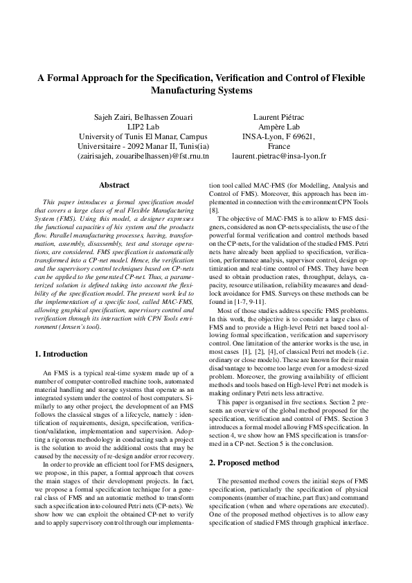 A Formal Approach For The Specification Verification And Control Of Flexible Manufacturing Systems