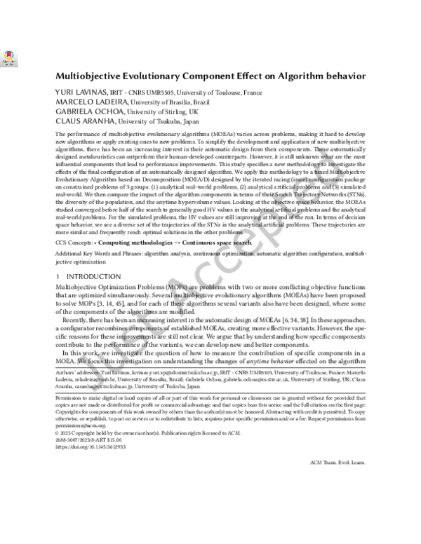 (PDF) Multiobjective Evolutionary Component Effect on Algorithm behavior