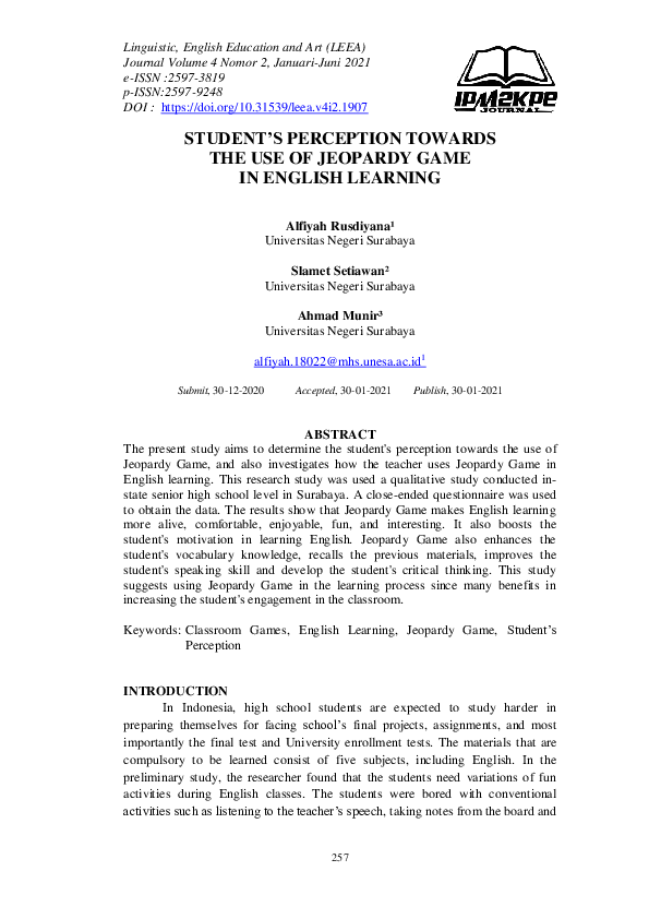 (PDF) Student’s Perception Towards the Use of Jeopardy Game in English Learning