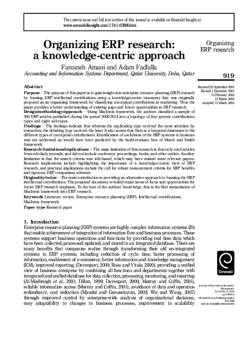(PDF) Organizing ERP research: a knowledge-centric approach
