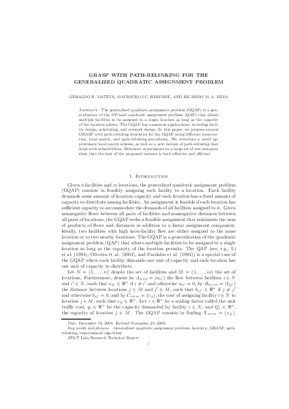 (PDF) GRASP with path-relinking for the generalized quadratic assignment problem