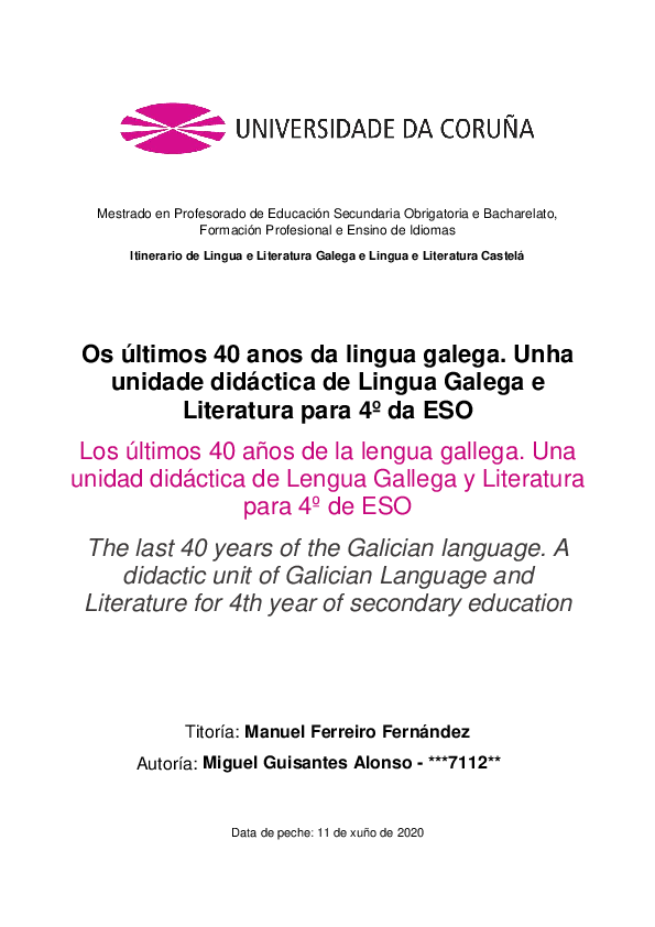 (PDF) [TFM] Os últimos 40 anos da lingua galega. Unha unidade didáctica de Lingua Galega e ...