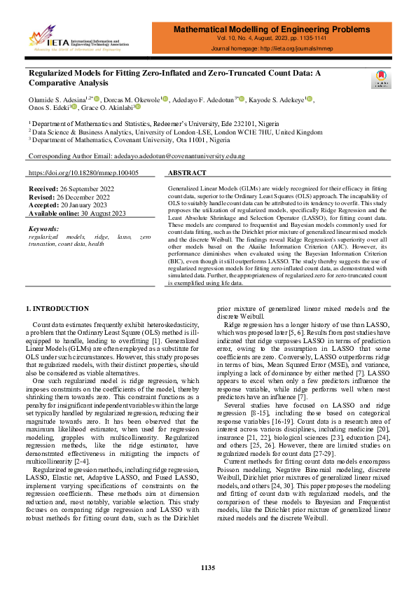(PDF) Regularized Models for Fitting Zero-Inflated and Zero-Truncated Count Data: A Comparative ...
