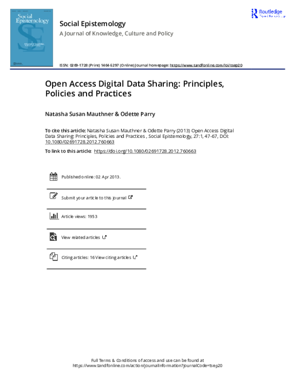 (PDF) Open Access Digital Data Sharing: Principles, Policies and Practices