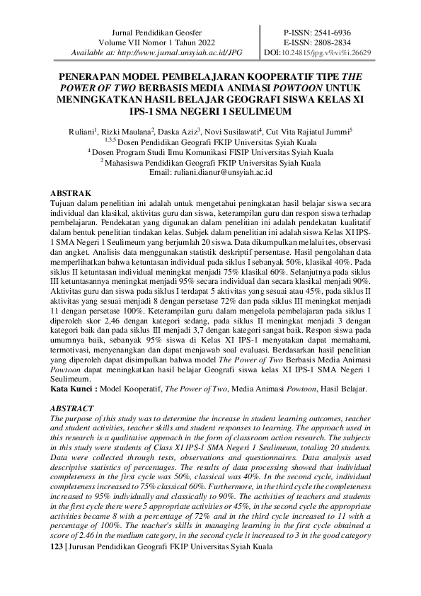 (PDF) Penerapan Model Pembelajaran Kooperatif Tipe the Power of Two Berbasis Media Animasi ...