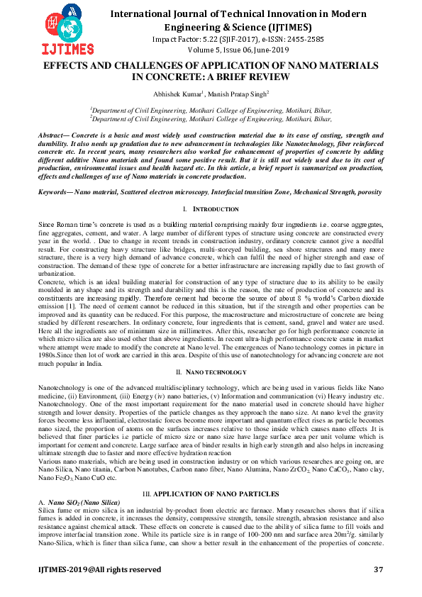 (PDF) EFFECTS AND CHALLENGES OF APPLICATION OF NANO MATERIALS IN CONCRETE: A BRIEF REVIEW