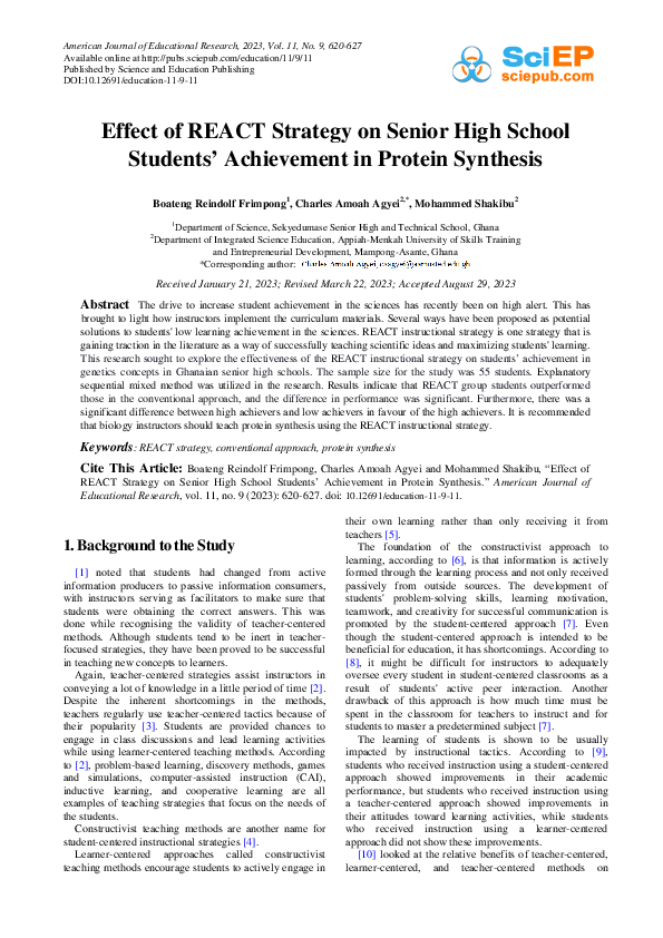 (PDF) Effect of REACT Strategy on Senior High School Students ...
