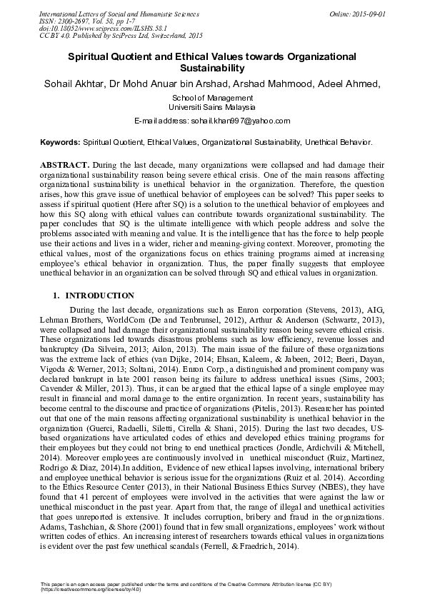 (PDF) Spiritual Quotient and Ethical Values towards Organizational ...