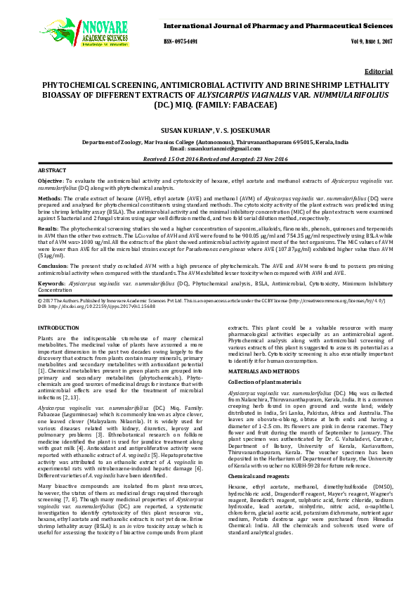 Pdf Phytochemical Screening Antimicrobial Activity And Brine Shrimp