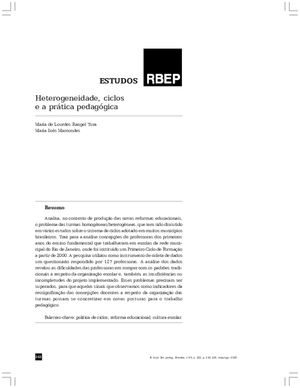 (PDF) Heterogeneidade, ciclos e a prática pedagógica