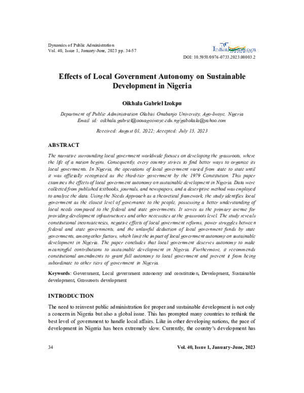 (PDF) Effects of Local Government Autonomy on Sustainable Development ...