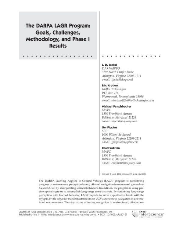 (PDF) The DARPA LAGR program: Goals, challenges, methodology, and phase ...