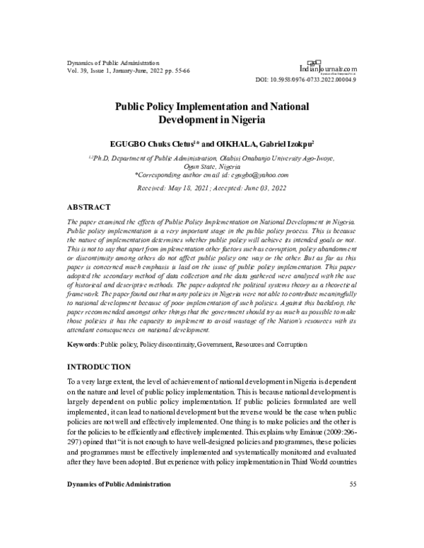 (PDF) Public Policy Implementation and National Development in Nigeria
