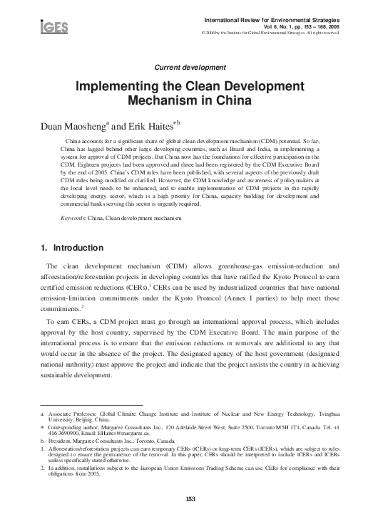 (PDF) Implementing the Clean Development Mechanism in China
