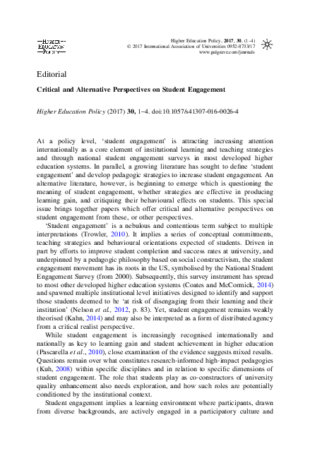 (PDF) Critical and Alternative Perspectives on Student Engagement