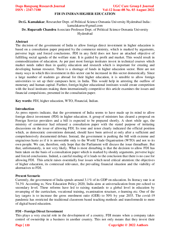 (PDF) FDI IN INDIAN HIGHER EDUCATION