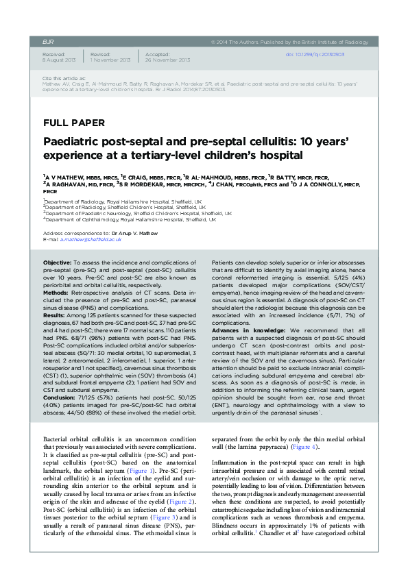 (PDF) Paediatric post-septal and pre-septal cellulitis: 10 years ...