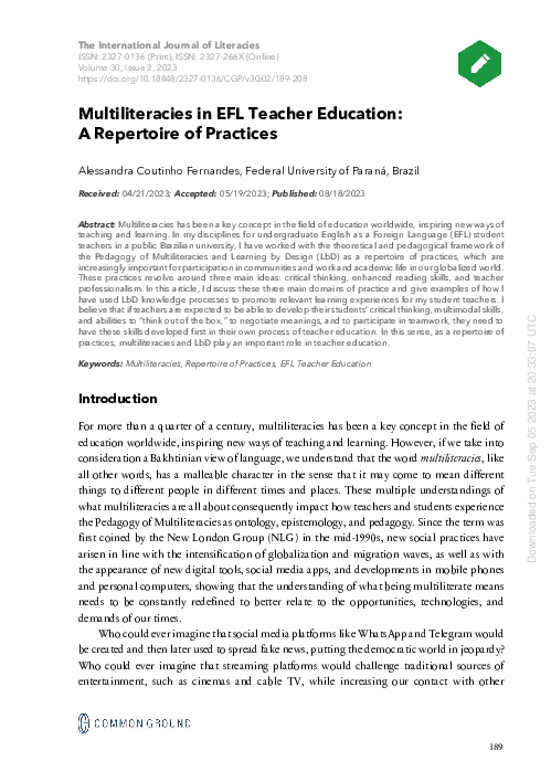 (PDF) Multiliteracies in EFL Teacher Education: A Repertoire of Practices