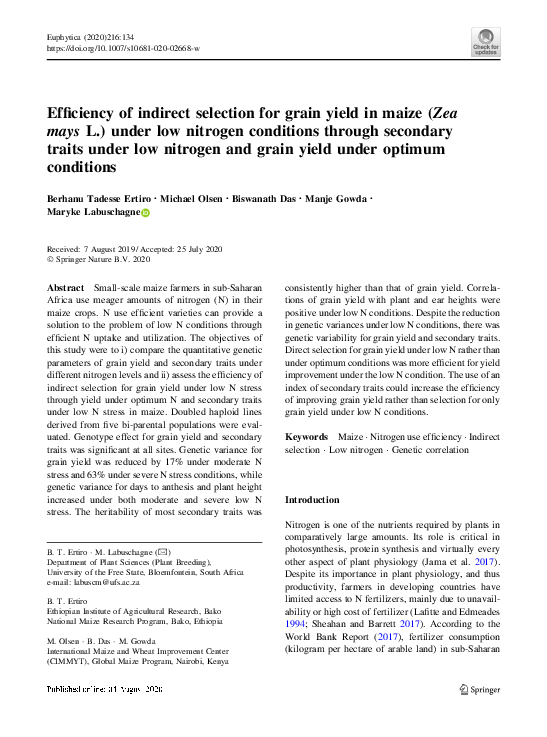 (PDF) Efficiency of indirect selection for grain yield in maize (Zea mays L.) under low nitrogen ...