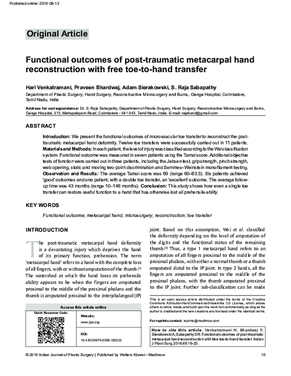 (PDF) Functional outcomes of post-traumatic metacarpal hand ...