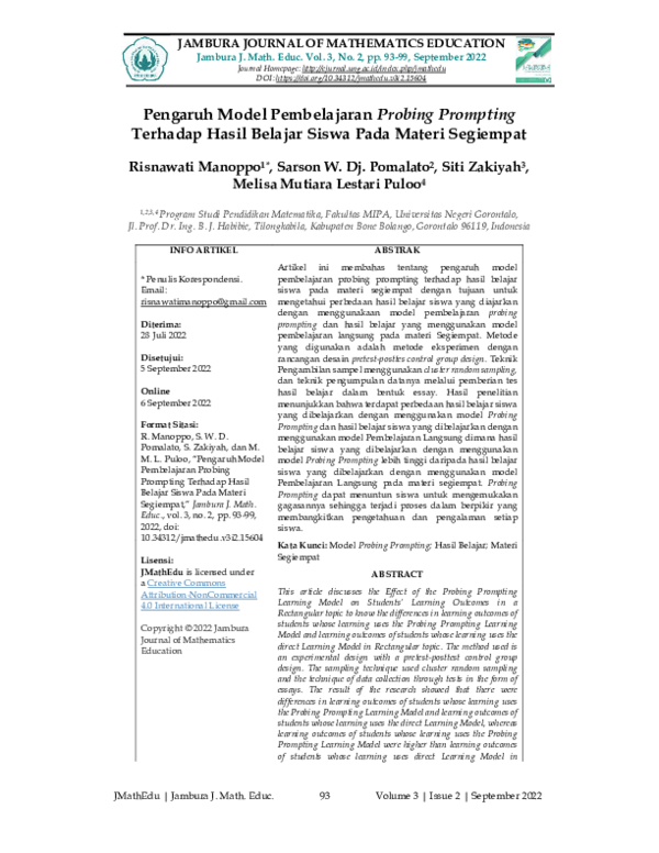 (PDF) Pengaruh Model Pembelajaran Probing Prompting Terhadap Hasil Belajar Siswa Pada Materi ...