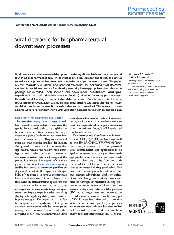 (PDF) Viral clearance for biopharmaceutical downstream processes
