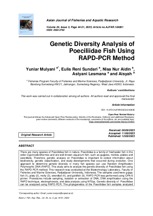 (PDF) Genetic Diversity Analysis of Poeciliidae Fish Using RAPD-PCR Method