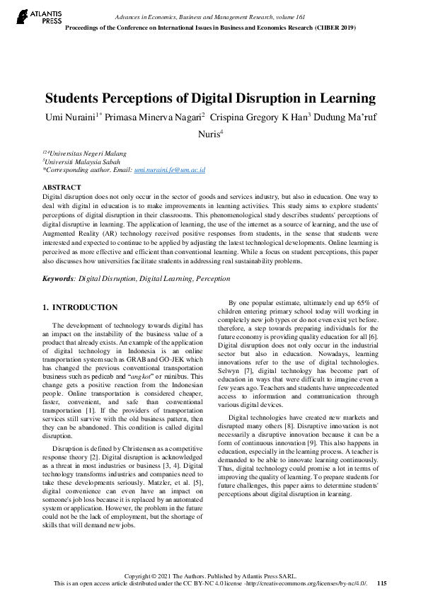 (PDF) Students Perceptions of Digital Disruption in Learning | Dudung ...