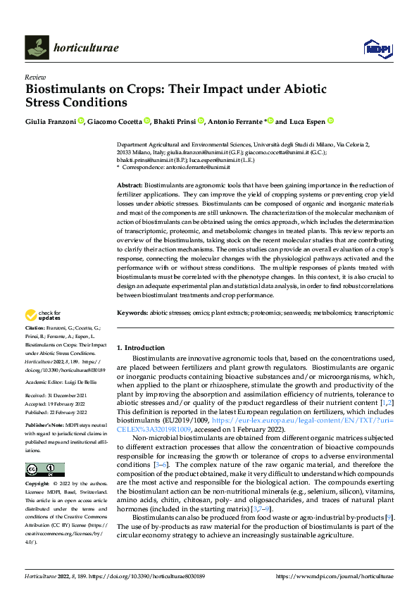 (PDF) Biostimulants on Crops: Their Impact under Abiotic Stress Conditions | Giulia Franzoni ...