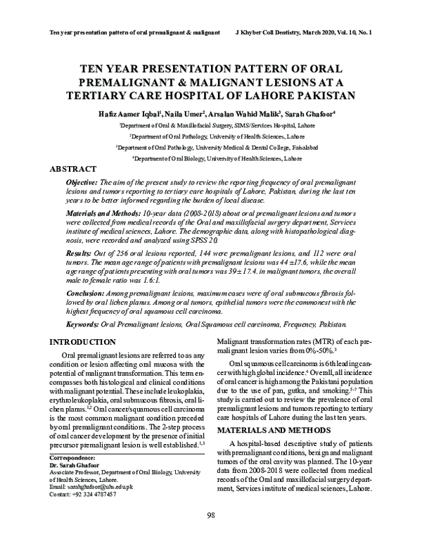 Pdf Ten Year Presentation Pattern Of Oral Premalignant And Malignant Lesions At A Tertiary Care