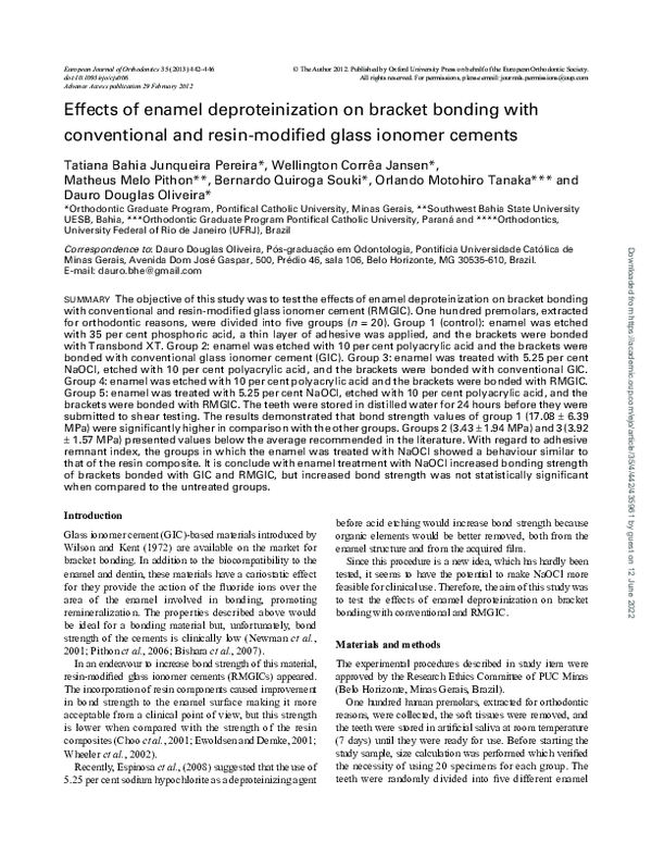 (PDF) Effects of enamel deproteinization on bracket bonding with ...