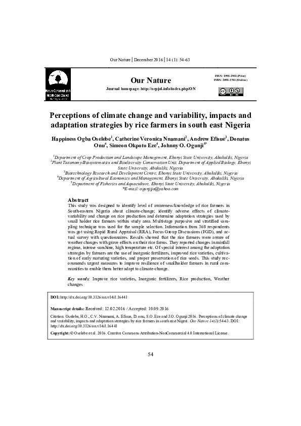 (PDF) Perceptions of climate change and variability, impacts and adaptation strategies by rice ...