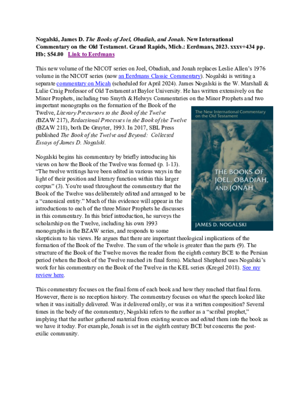 (PDF) James D. Nogalski, The Books of Joel, Obadiah, and Jonah (NICOT ...