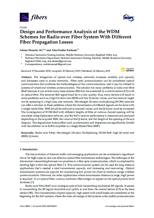 Pdf Design And Performance Analysis Of The Wdm Schemes For Radio Over Fiber System With