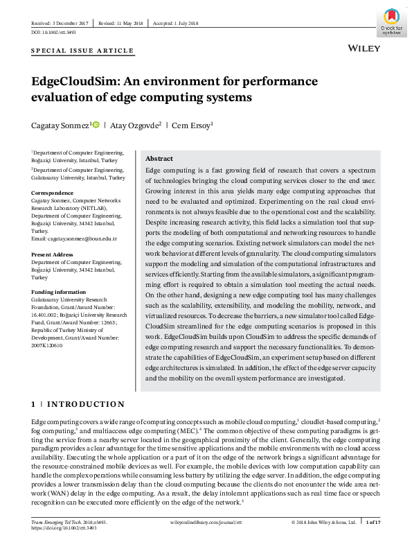 (PDF) EdgeCloudSim: An environment for performance evaluation of edge computing systems