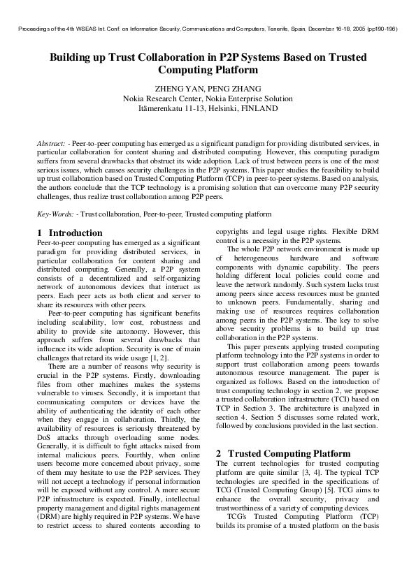 (PDF) Building up Trust Collaboration in P2P Systems Based on Trusted Computing Platform