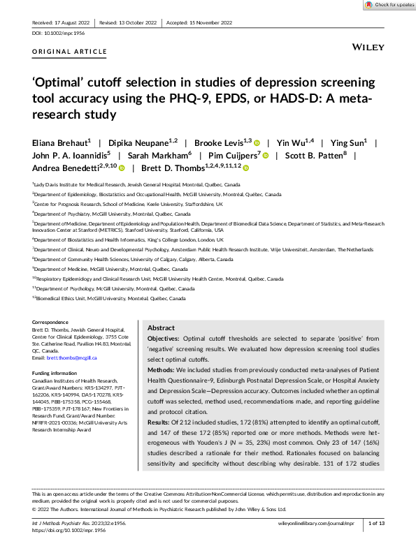 (PDF) 'Optimal' cutoff selection in studies of depression screening ...
