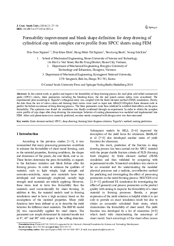 (PDF) Formability improvement and blank shape definition for deep ...