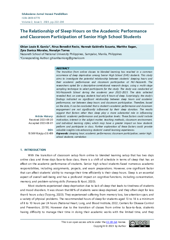 (PDF) The Relationship of Sleep Hours on the Academic Performance and Classroom Participation of ...