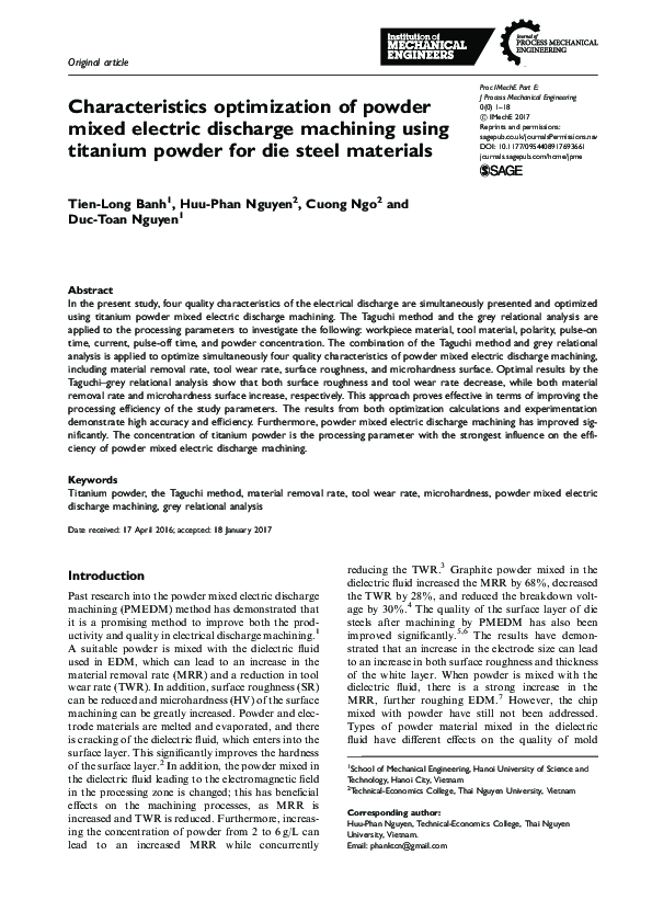 (PDF) Characteristics optimization of powder mixed electric discharge machining using titanium ...