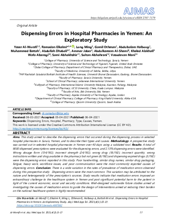 (PDF) Dispensing Errors in Hospital Pharmacies in Yemen: An Exploratory ...