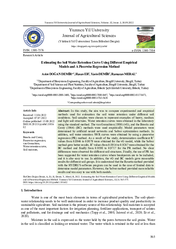 (PDF) Estimating the Soil Water Retention Curve Using Different Empirical Models and A Piecewise ...