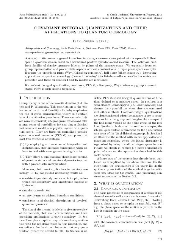 (PDF) Covariant Integral Quantizations and Their Applications to Quantum Cosmology