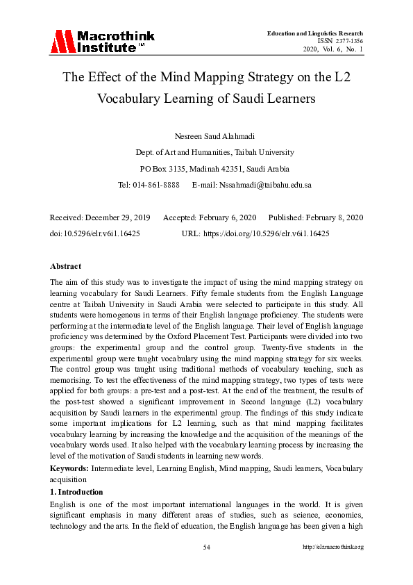 (PDF) The Effect of the Mind Mapping Strategy on the L2 Vocabulary Learning of Saudi Learners