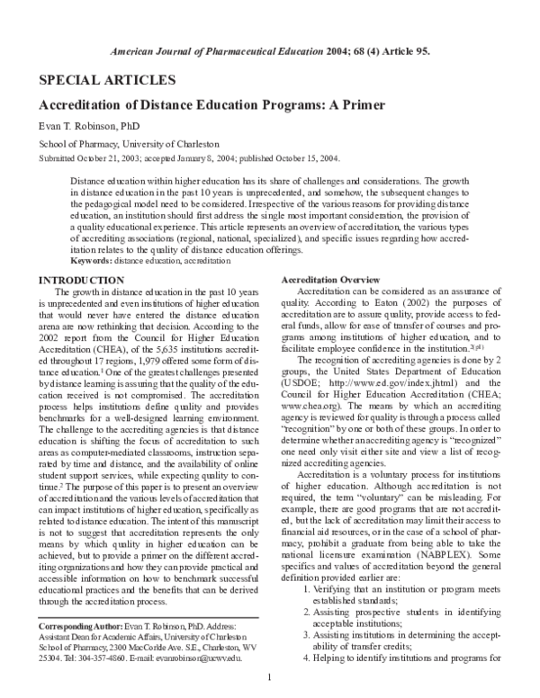 (PDF) Accreditation of Distance Education Programs: A Primer