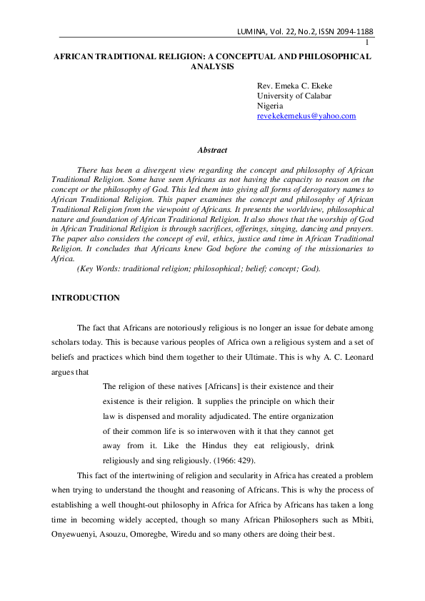 (PDF) AFRICAN TRADITIONAL RELIGION: A CONCEPTUAL AND PHILOSOPHICAL ANALYSIS