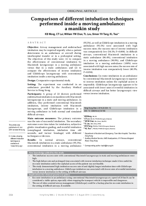 (PDF) Comparison of different intubation techniques performed inside a ...