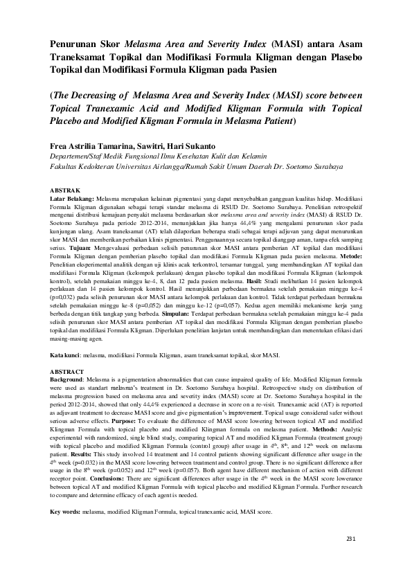 (PDF) Penurunan Skor Melasma Area and Severity Index (MASI) antara Asam ...