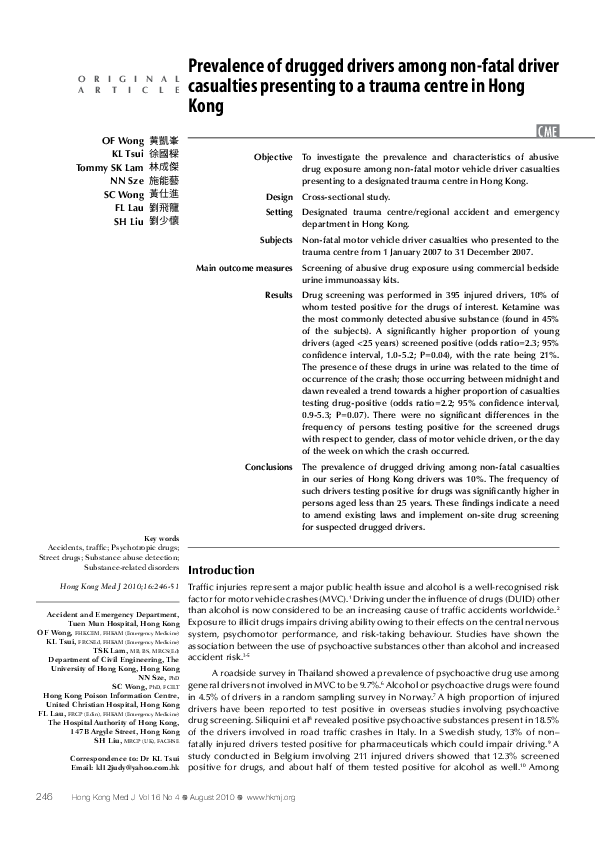 (PDF) Prevalence of drugged drivers among non-fatal driver casualties presenting to a trauma ...